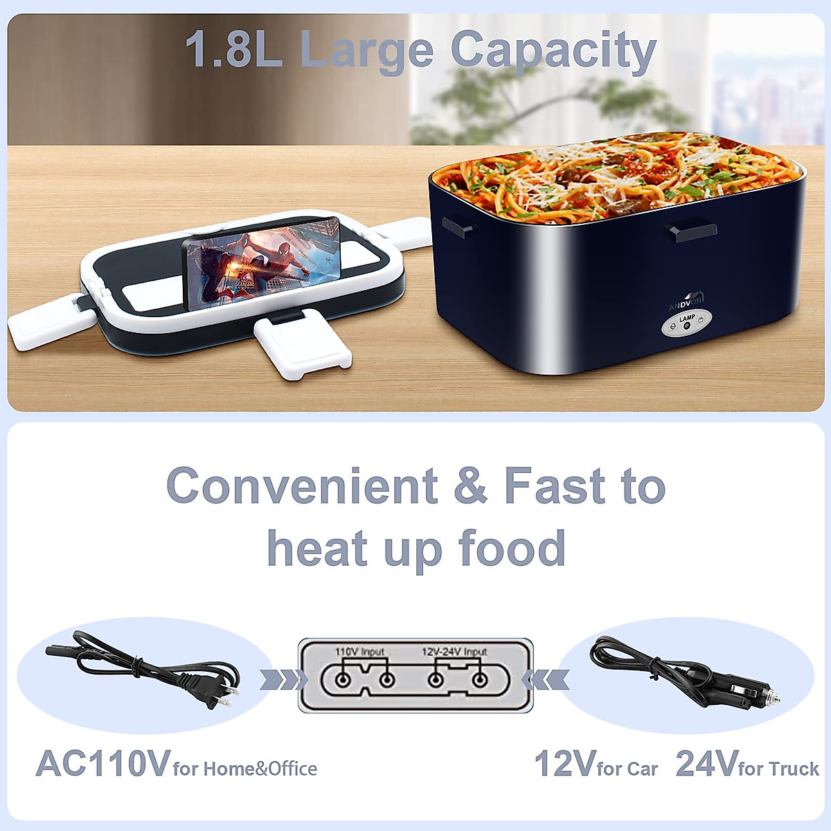 Andvon 80W Fast Heating Electric Lunch Box for Men-1.8L Large-Capacity Portable Food Heater For Adults-Leakproof 3-In-1 Heated Food Warmer For Car/Work With SS Fork&Spoon and Carry Bag