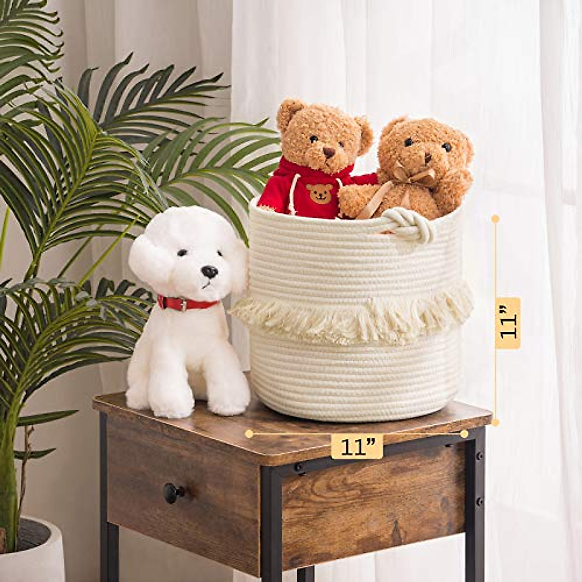 Woven Cotton Rope Farmhouse Storage Basket - 3 Pack 11 Inches Round Cube Decorative Organizer Bins with Cute Handles for Dog Toy, Clothes - Baby Girls Boys Nursery Decor