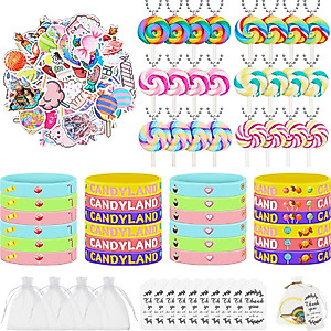 Deekin 147 Pcs Candyland Party Favors Set Include 24 Lollipops Keychains 24 Candyland Silicone Wristbands 50 Candy Stickers 24 Thank You Tags and White Organza Bags Candyland Party Favors