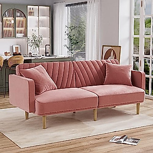 OUYESSIR Futon Sofa Bed, Convertible Sleeper Sofa with Wood Legs, 74.5“ Splitback Sofa with 2 Pillows, Velvet Futon Couch for Living Room (Rose Pink)