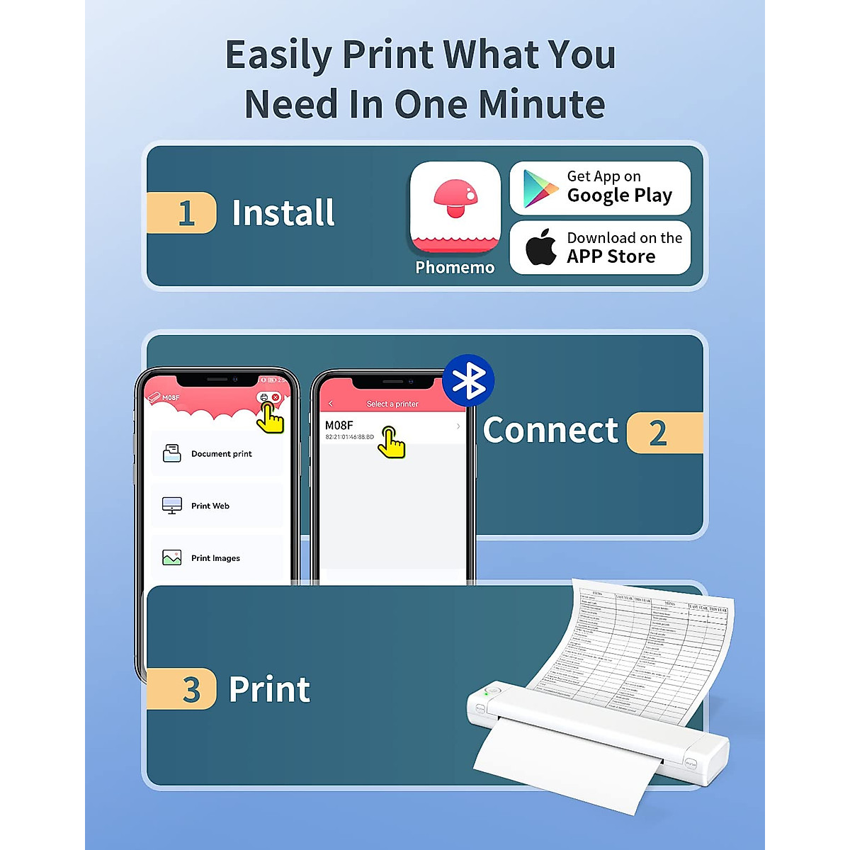 Odaro M08F Portable Wireless Letter Printer for Travel, Bluetooth Thermal Inkless Small Printer, Support 8.5" X 11" Letter Size Thermal Paper, Work with Laptop Phone and Pad - White