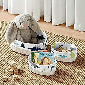 Sweet Jojo Designs Blue Green Modern Dinosaur Boy Woven Storage Basket Set 3pc Cotton Rope Diaper Caddy Bins Baby Nursery Kids Closet Drawer Organizer Liner Turquoise Mod Dino Boho Bohemian Grey White