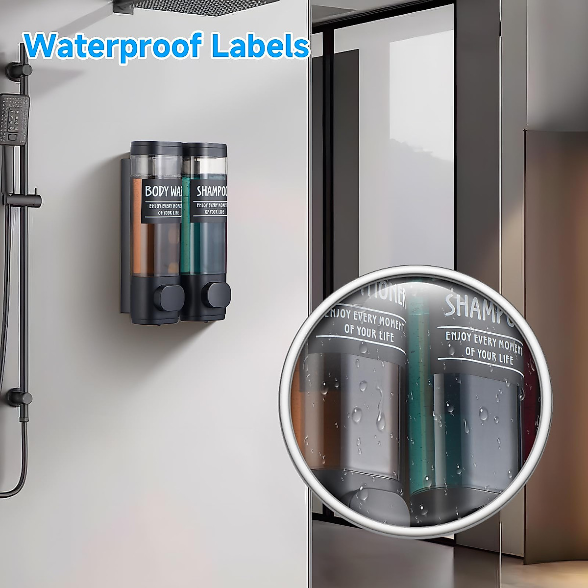 Shampoo and Conditioner Dispenser,GlintGath Shower Dispenser 2 Chamber No Drill Shampoo Dispenser for Shower Wall Mounted Shower Soap Dispenser for Bathroom Hotel,2 * 300ML,Matte Black