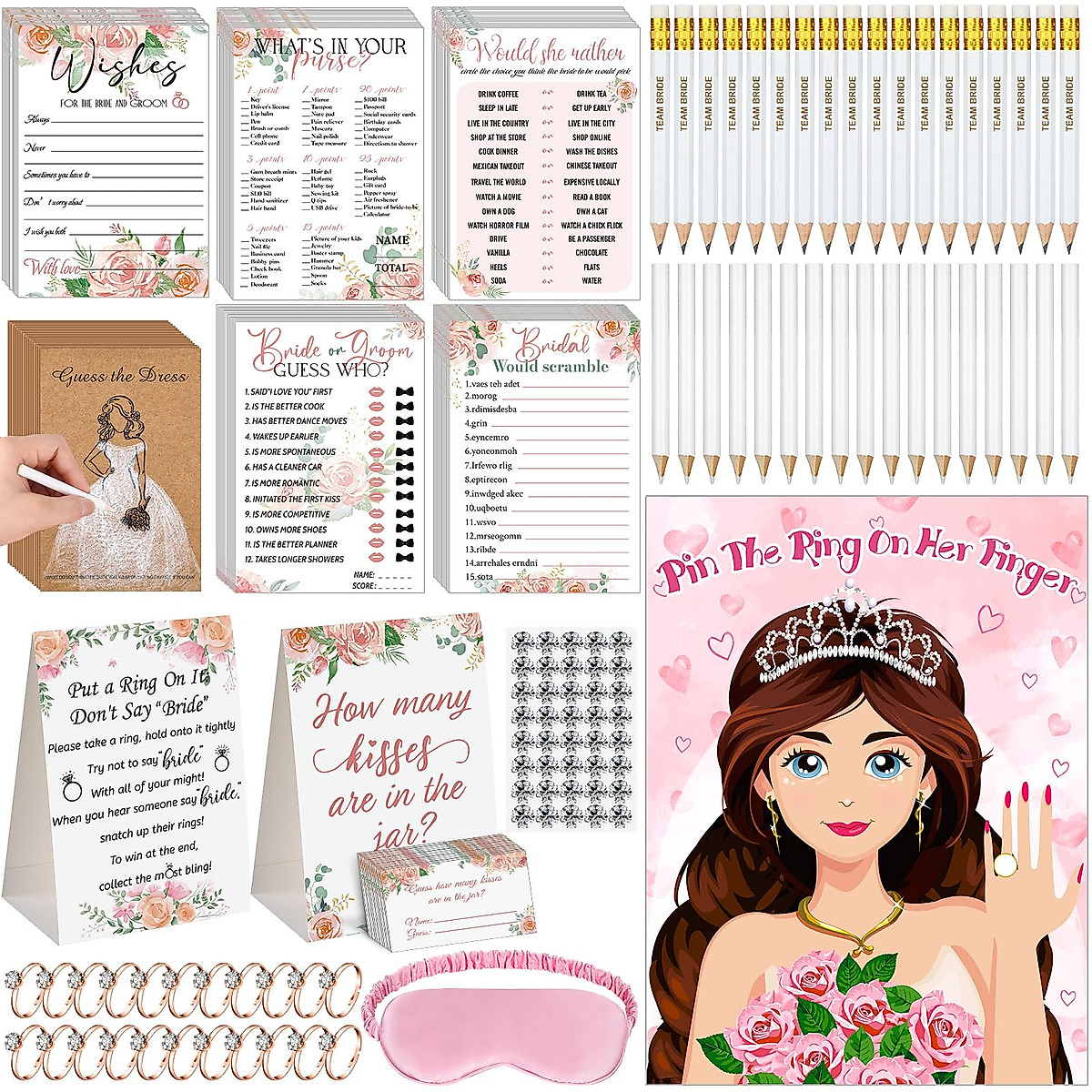 Blueweenly 9 Sets Wedding Bridal Shower Games for 50 Guests - Put a Ring, Would She Rather, Guess The Dress, How Many, Guess Who, Pin The Ring, Wishes