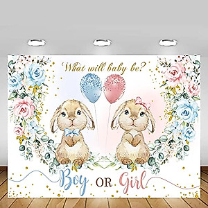 MEHOFOND Bunny Gender Reveal Backdrop Boy Or Girl What Will Our Little Bunny Be Banner Spring Easter Rabbit Floral Kids Party Decoration Supplies Photography Background Photobooth Props 7x5ft