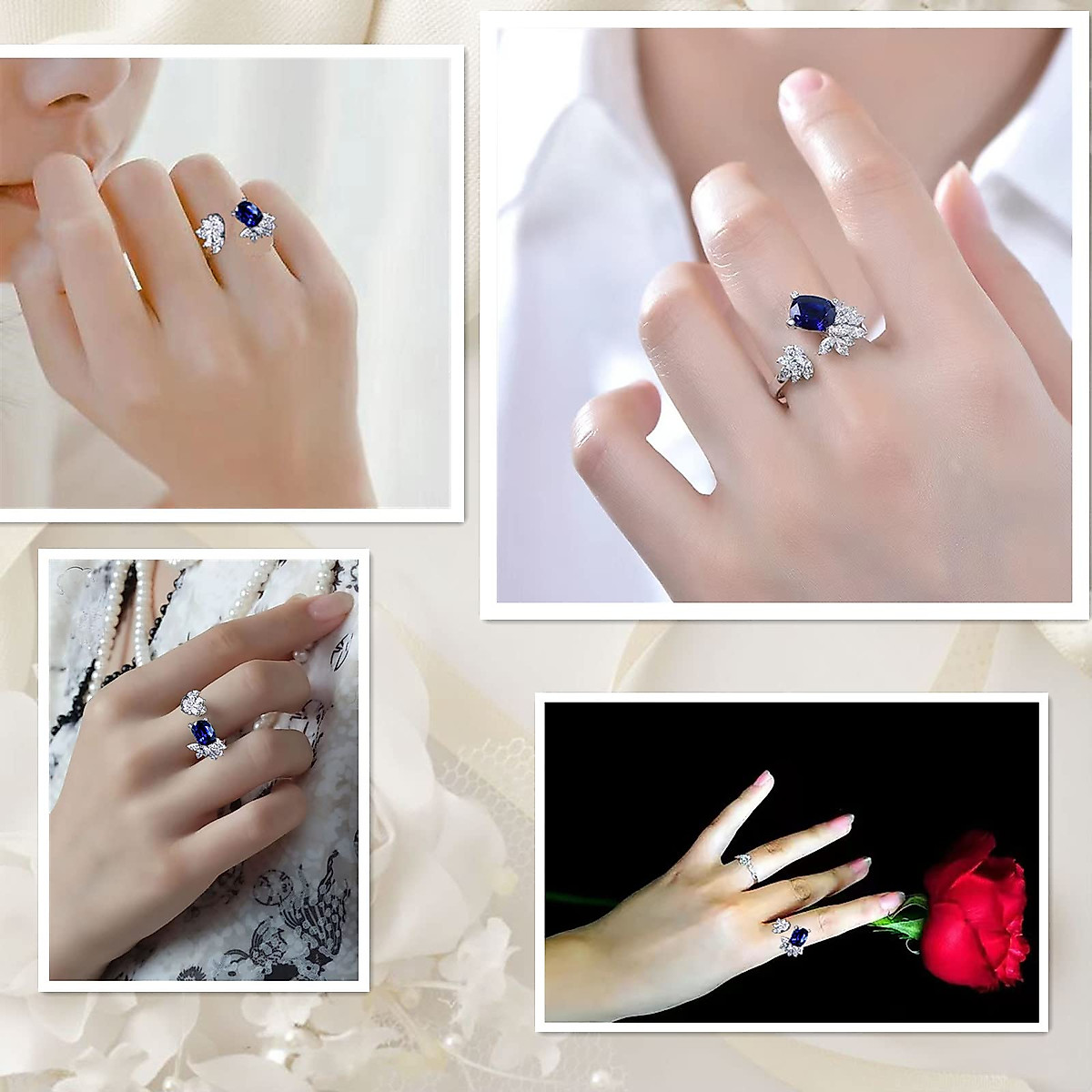 H.Queen Lifetech Fashionable Navy Sapphire Zircon Created Gemstone Rings Navy Blue Adjustable Open Rings Copper Plated 925 Silver for Women（Navy Blue