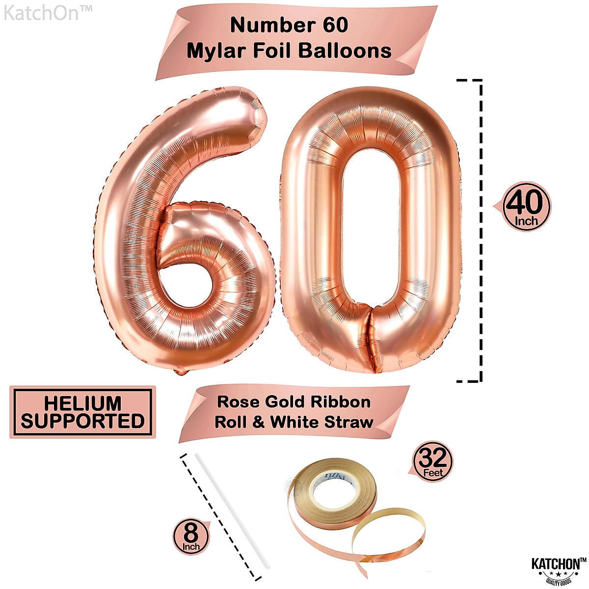 KatchOn, Rose Gold 60th Birthday Decorations Women - Big 40 Inch | 60 Balloon Numbers with Confetti, 60th Birthday Balloons for Women | 60 Birthday Balloons for 60 Birthday Decorations for Women