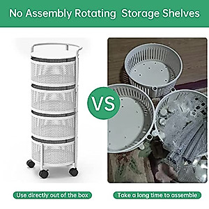 Rotating Storage Shelves Rack for Kitchen, 4-Tier Multi Layer Removable Basket Shelf Organizer on Rolling Wheels for Fruit Vegetable Grocery Corns Potato Onion (4-Tier , White)