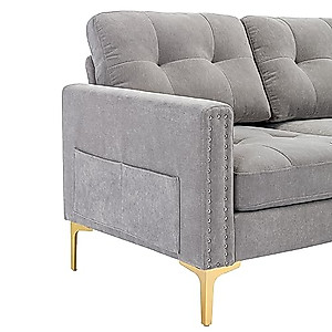 EOVTK Convertible Sectional Sofa with Movable Ottoman, 110" L-Shape Velvet Couch with Golden Metal Legs & Side Storage Pockets for Living Room, Apartment, Office, Light Gray