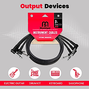 Miracle Sound Guitar Cable for Pedalboard Effects with Right Angle Plug Ideal Electric Guitar and Bass Livewire Guitar Patch Cable 3-Pack (3 Feet)