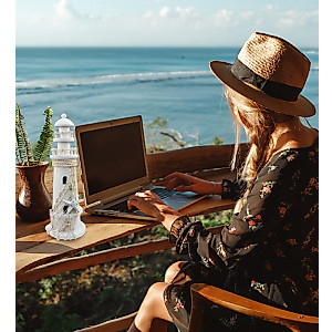 Puzzled COTA Global White Lighthouse Decor - Handmade and Crafted Wooden Lighthouse Decoration with Starfish and Fish Net, Decorative Beach Style Tabletop Centerpiece - 11 Inches