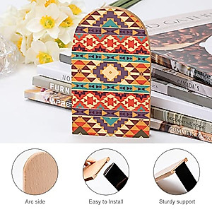 Colorful Aztec Pattern Wood Book Ends for Shelves Non-Skid Bookend Book Stand Book Holder Stopper for Home Office School