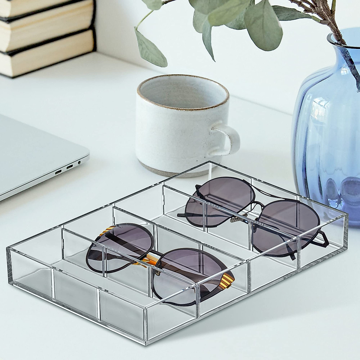 Amazing Abby - Soleil - Acrylic 4-Compartment Sunglass Organizer, Plastic Eyeglass Display Case, Transparent Jewelry Storage Tray, Clear Beauty Supply Holder, Great for Bedroom and Bathroom