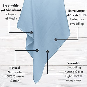 MOZAH Organic Muslin Swaddle Blankets - 100% Soft Organic Cotton - Baby Girl Blanket and Baby Boy Blanket - Ideal Baby Registry Items Unisex Essentials - Baby Swaddles (Dark and Light Blue)