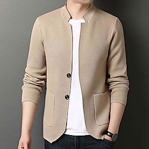 Lu's Chic Men's Long Sleeve Cardigan Sweater Soft Slim Fit Lightweight 2 Button Casual Blazer Jacket Cozy Outerwear Pockets Spring Fall Nude Tan Beige Medium