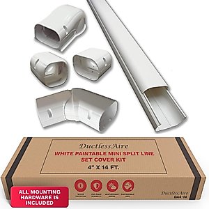 DuctlessAire White Paintable Mini Split Line Set Cover Kit - Cover for Ductless Mini Split AC & Heating System - Easy to Install Cover Kit with Wall Cap, Hide-A-Line, Coupler & End Cap (4" x 14 ft.)