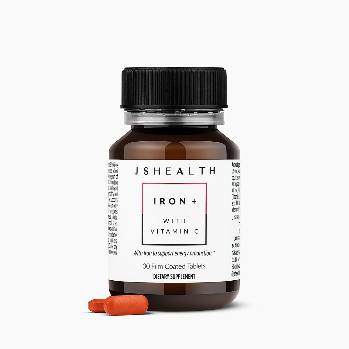 JSHealth Vitamins Iron+ Supplement for Energy Support - Iron Deficiency Pills with Vitamin C and Vitamin B12 - No Nausea or Constipation - (30 Tablets)