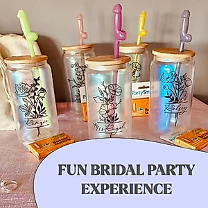 Taniri Personalized Bridesmaid Glass Tumbler Set with Straw - Flower & Name Customized Glass Tumbler - Bachelorette Party Tumblers - Bamboo Lid Iced Coffee Cup - Bridal Party Gifts