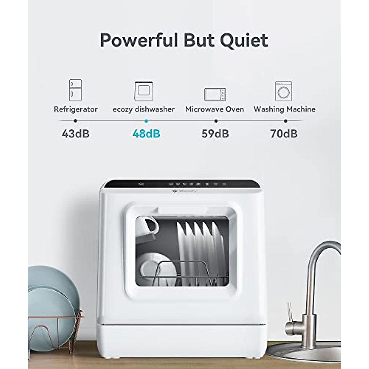 ecozy Portable Dishwasher Countertop, Mini dishwasher with a Built-in 5L Water Tank, No Hookup Needed, 6 Programs, Extra Dry Function for Apartments, Camping and RV, White
