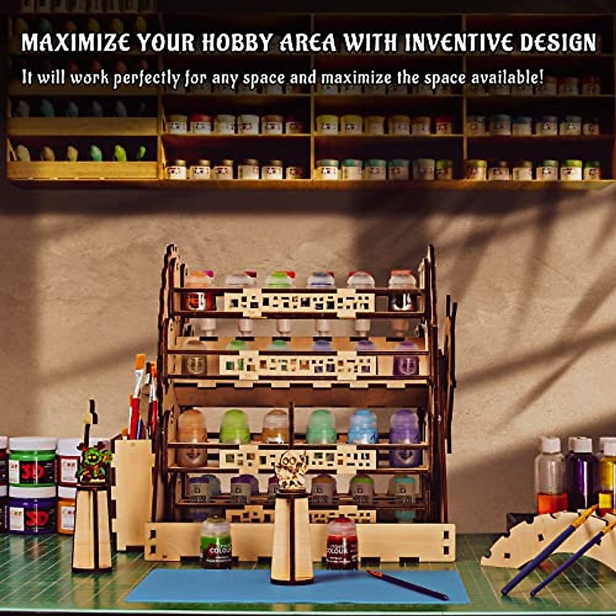 Rotating Carousel Paint Storage Rack Holds 48 Citadel/Vallejo/Army Painter Botlles Wooden Hobby & Craft Painting Station Organizer Caddy for D&D, Warhammer, Tabletop RPG Miniature, Model and Terrain