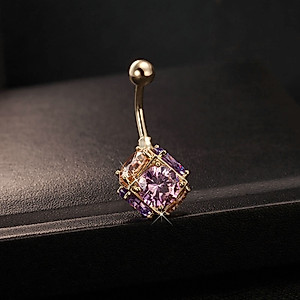 Daesar Belly Rings for Women, Belly Rings Surgical Steel Sexy Belly Button Rings Square With Round Colorful Cubic Zirconia Gold Navel Ring