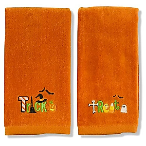 Decorative Halloween Fingertip Hand Towels: Cute Trick or Treat Halween Designs, Orange 18" x 11" Inch, Set of 2