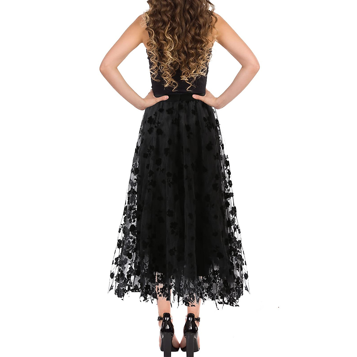 Women's A Line Tulle Midi Skirt Tutu Tiered Petticoat Skirts Tea-Length Elastic Waist Tutu Skirts (Flower Black 3 Layer)