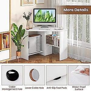 IFANNY Corner Computer Desk, 90 Degrees Triangle Desk w/Shelves & CPU Stand, Compact Corner Vanity Makeup Desk with Storage, Corner Desks for Small Spaces (White)