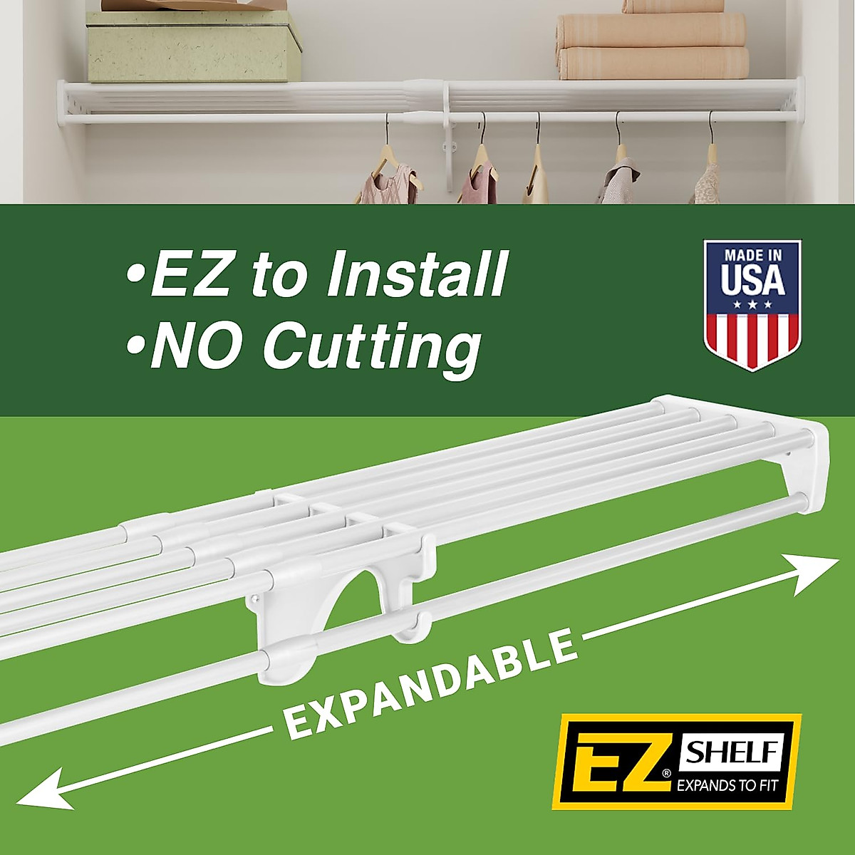 EZ Shelf - DIY Expandable Closet Shelf (NO Hanging Rod) - 40.5” to 73” - White - Easy to Install to 2 Sidewalls -(EZS-SW72)- Wire Closet Shelving Alternative