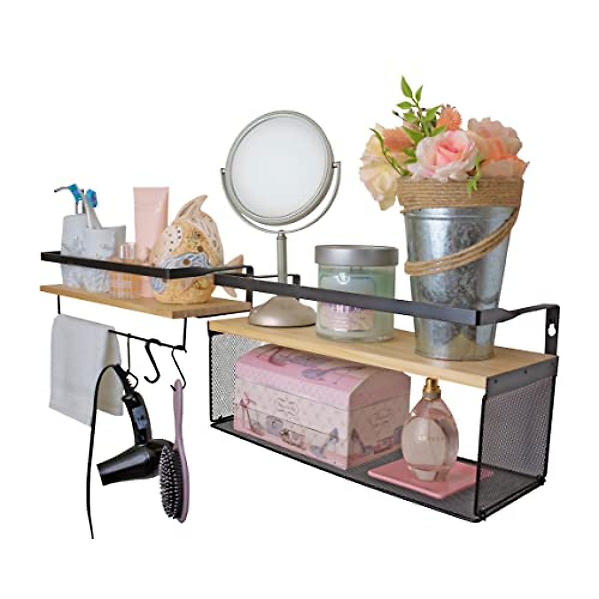 Pre-Drilled Floating Shelves for Bath, Kitchen, & Bedroom - Wall Mounted Natural Wood Floating Shelves with Steel Towel Bar, Mesh Storage Basket & Hardware for Installation - 2 Pack