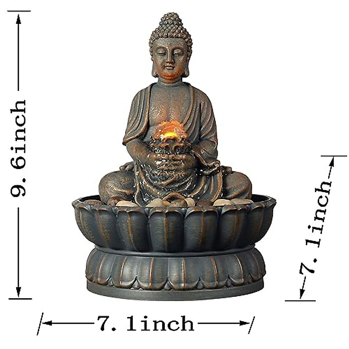 Kalona Home Décor 9.6" Tabletop Fountain Exquisite Smile Sitting Buddha Fountains Desk Water Fountain Decorative Zen Fountain w/Reflective Lighting/Cobblestone Office and Home Decor(21125A)