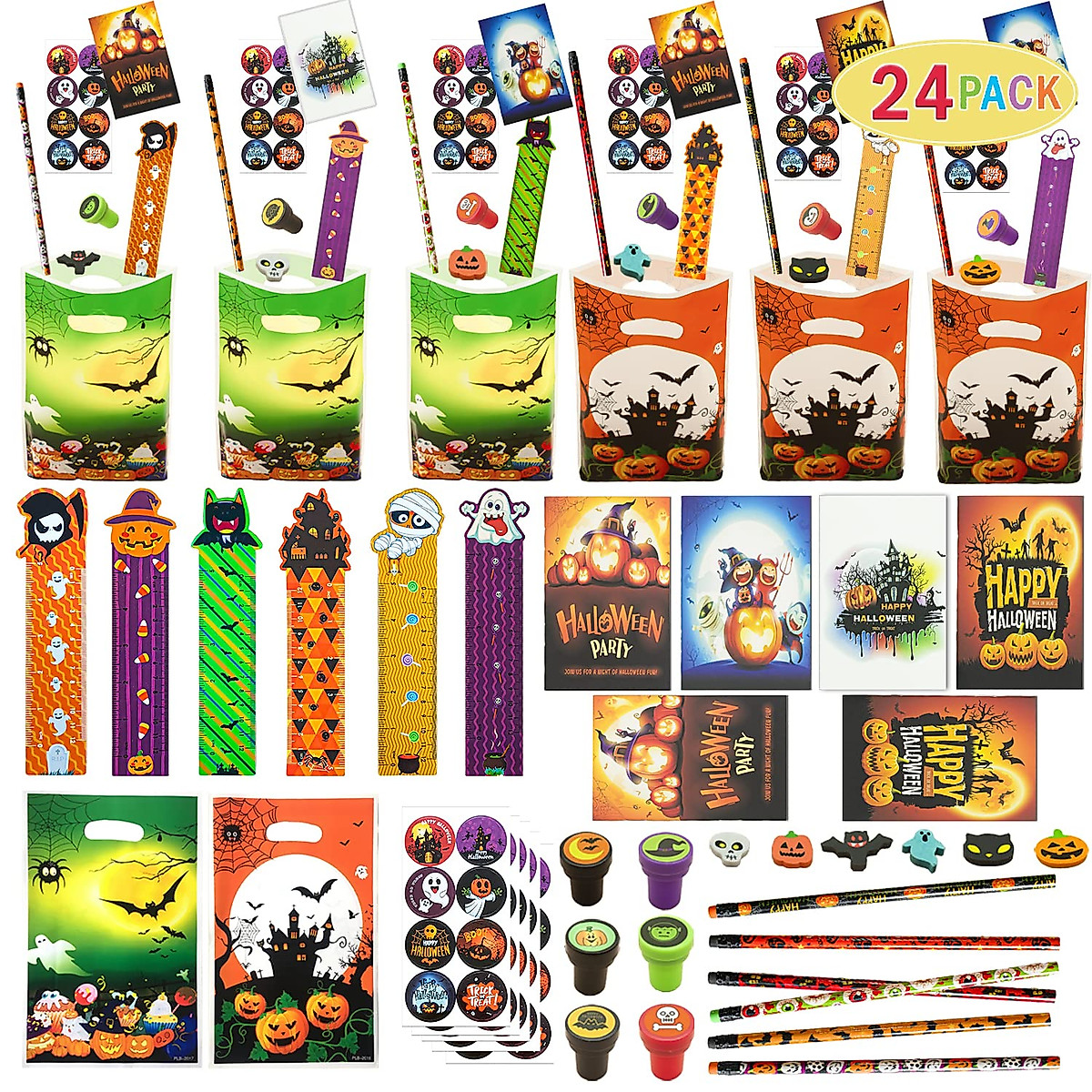 Keenvark 168 PCS Halloween Party Favors,24 Pack Stationery Supplies Set, Halloween Treats for Kids, Halloween Goodie Bag Fillers including Pencils,Erasers,Rulers,Stickers,Stamps,Notepads and Gift Bags