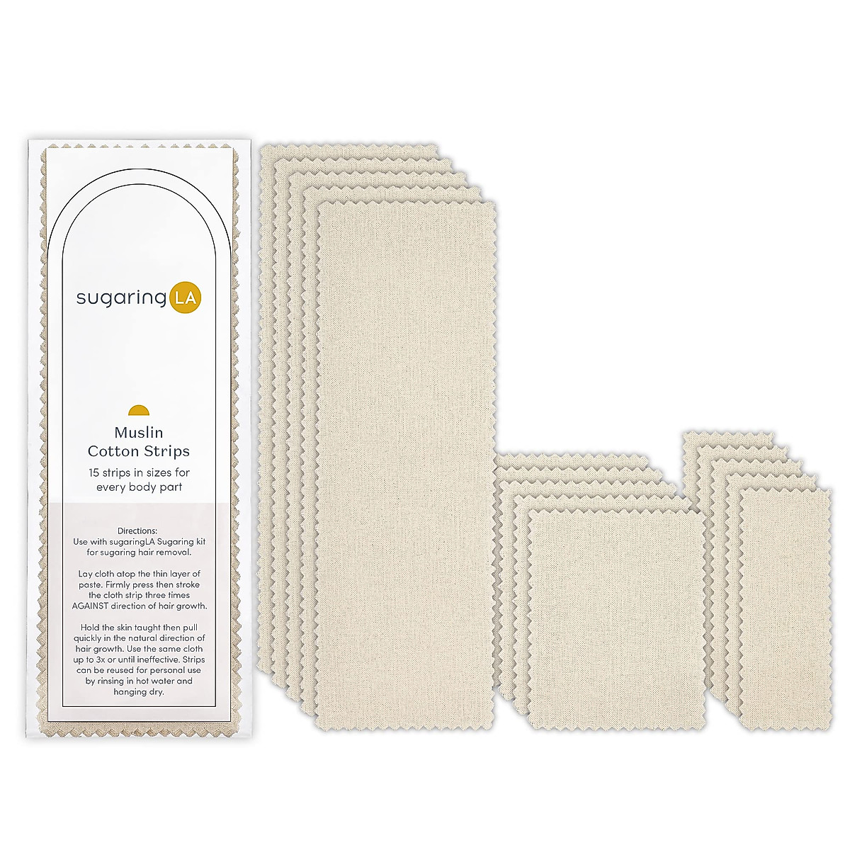sugaringLA Muslin Cotton Sugaring Strips - Pre-cut Cloth Strips for Hair Removal - Body and Facial Hair Remover - Reusable, Multi Size (15 Pieces)