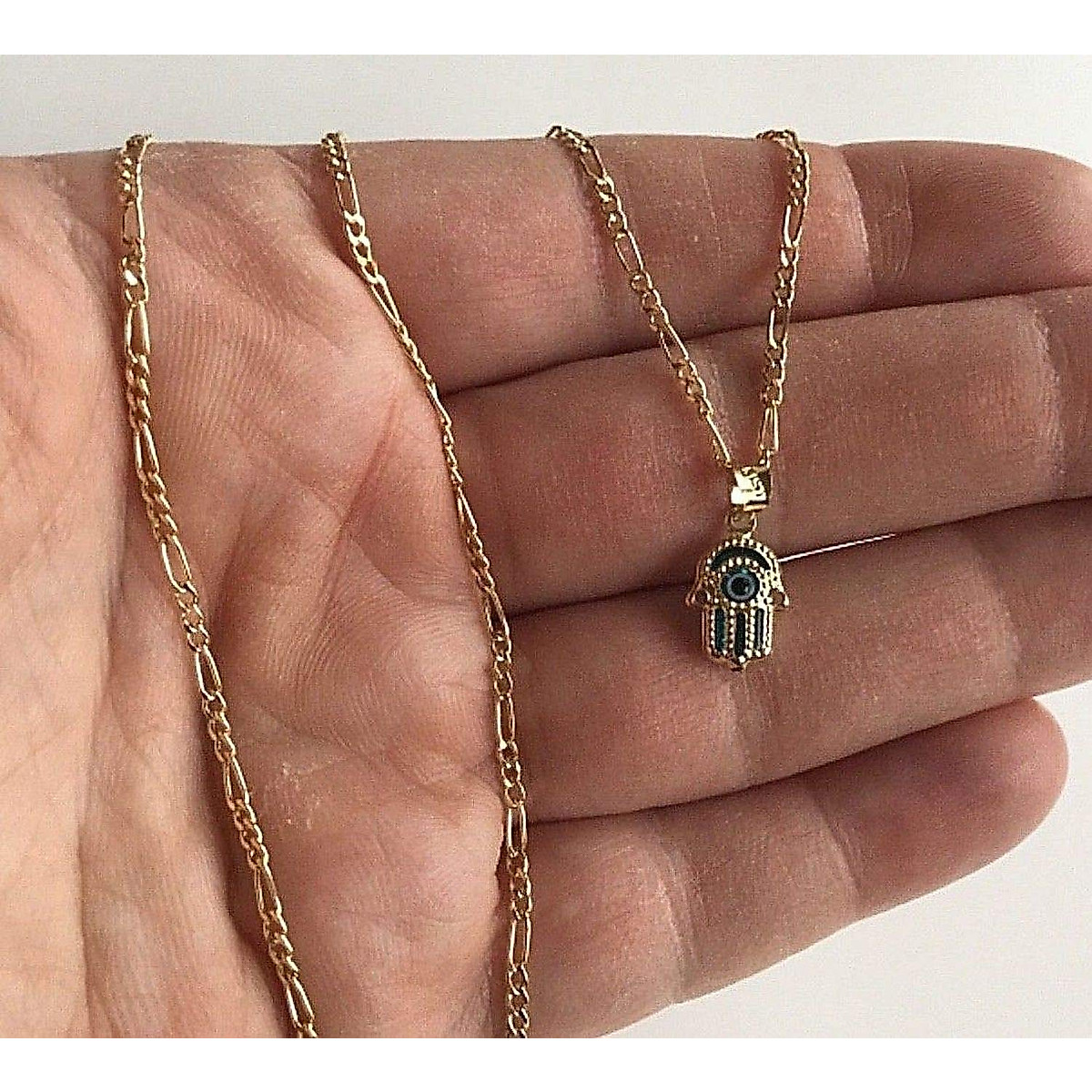 ALEX AND ELSA 14K REAL GOLD HAMSA BLUE EVIL EYE NECKLACE 18" LONG / 14K ORO PURO CADENA DE MANO Y OJO 18" LARGO