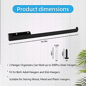 2 Pack Hanger Holder,Hanger Storage Rack for Wall,Hanger Stacker for Closet Laundry Room,Clothes Hanger Storage for Adult or Child Clothes Hangers，Black 15-Inch