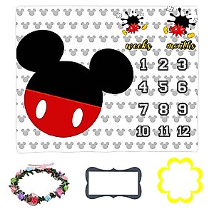 LYLYCTY Baby Monthly Milestone Blanket for 1 to 12 Months Baby, Cartoon Mouse Blanket for Baby Pictures Personalized, Includes Wreath and Frame 48"x40" BTZYLY38