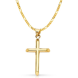 14K Yellow Gold Classic Cross Pendant with 1.9mm Figaro 3+1 Chain Chain Necklace - 20"