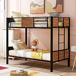 Twin-over-twin bunk bed modern style steel frame bunk bed with safety rail, built-in ladder for bedroom, dorm, boys, girls, adults (OLD SKU:MF190839AAD)