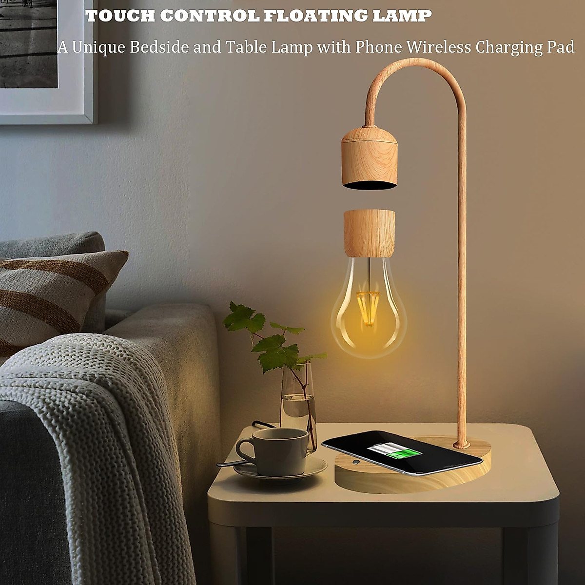 Floatidea Magnetic Levitating Lamp with Wireless Phone Charging Pad Floating Light Bulb LED Night Light Wood Grain Table Lamp Levitation Desk Lamp for Office Home Decoration Christmas Gift