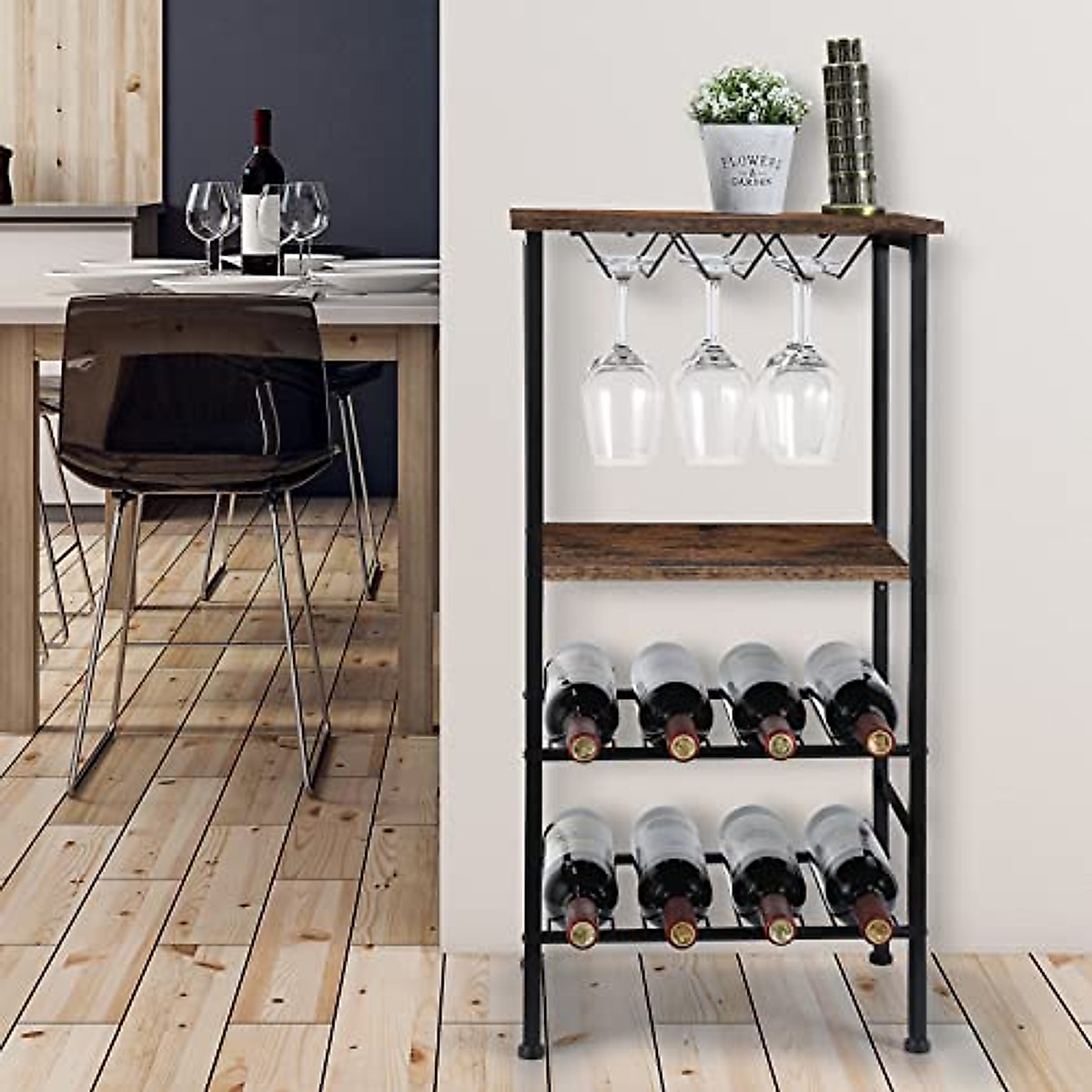 Wine Rack Table, FreeStanding Wine Bar Rack, Wine Bar Cabinet with GlassBottle Holder, Metal and Wood Industrial Wine Cabinet for Home, Floor Liquor Wine Cabinet Storage, for Bar Kitchen Dining