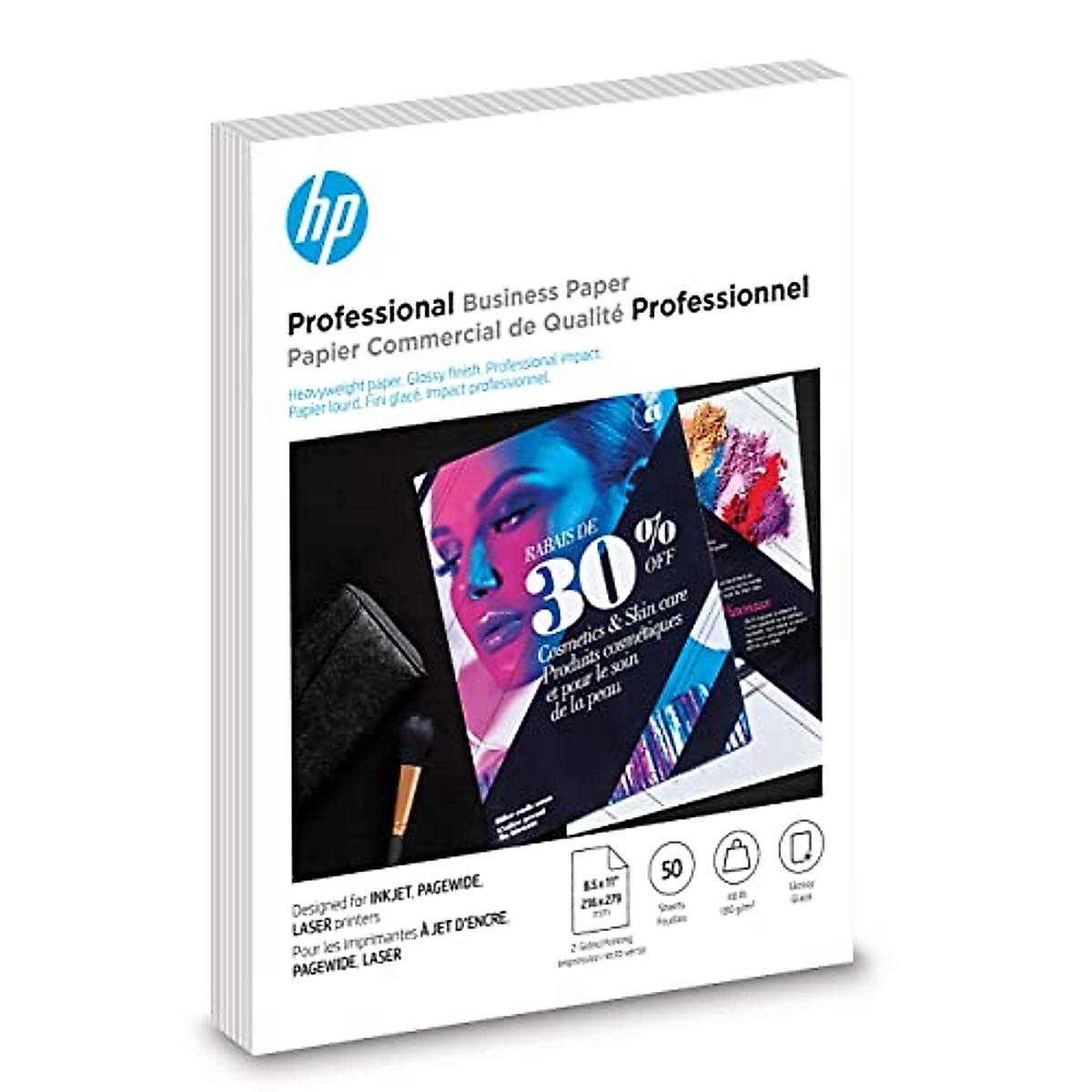 HP Professional Business Paper, Glossy, 8.5x11 in, 48 lb, 50 sheets, works with inkjet, PageWide, laser printers (6MF93A)