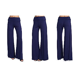 YELETE Women's Fashion Colorful Printed High Waist Fold Over Wide Leg Palazzo Pants (Large, Navy)