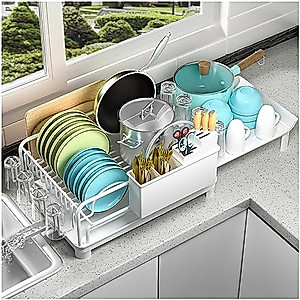 caktraie Dish Drying Rack - Expandable Dish Rack for Kitchen Counter, Rust-Proof Kitchen Dish Drying Rack with Utensil Holder, Cups Holder, White