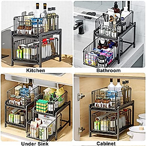 Under Sink Organizer, FLYWAKE 2-Tier Pull-Out Cabinet Organizer with Hooks for Kitchen Bathroom Organizers and Storage Organization (Shiny black)