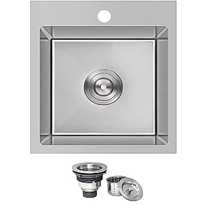 Comllen 15 x 15 inch Top-mount Stainless Steel Drop in Bar Sink, Single Basin Small Kitchen Sink for Outdoor Wet Bar Prep RV Yard Office Laundry Utility with Drain