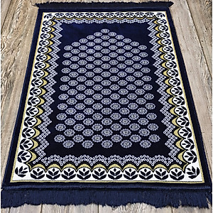 Modefa Turkish Islamic Velvet Prayer Rug - Thin & Lightweight Praying Carpet - Muslim Janamaz Sajadah for Men & Women - Ramadan or Eid Gift - Kufi Cap & Beads - Floral Daisy Arch (Navy Blue)