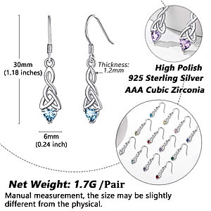 Silvora Celtic Knot Drop Earrings Heart Birthstone Dangle Earrings for Women Sterling Silver Jewelry March Birthstones