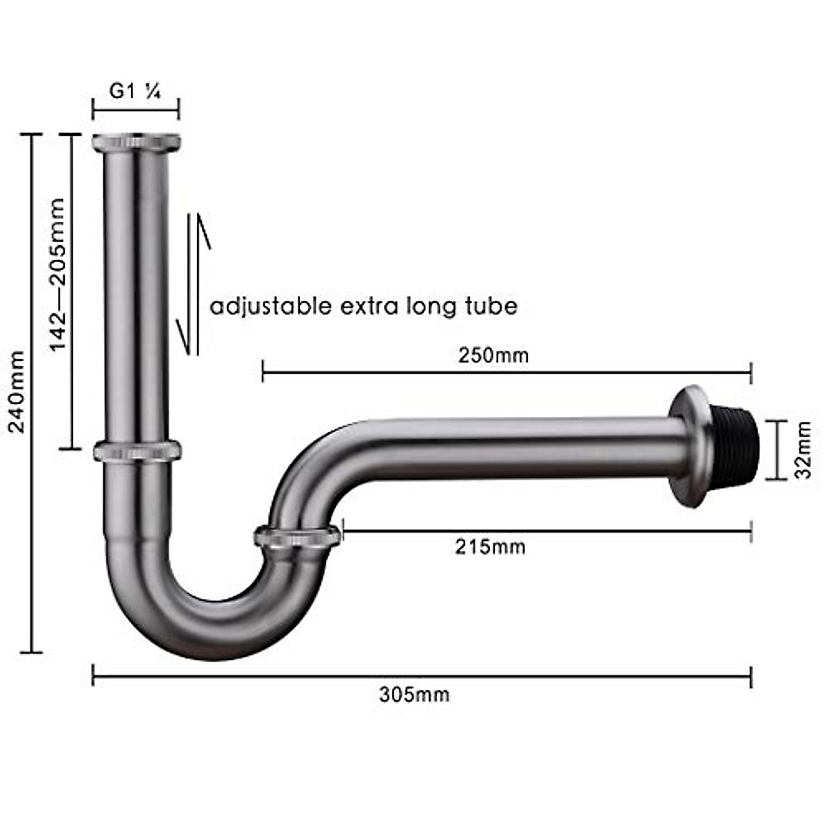 Orhemus Brass P Trap, 1 1/4 Bathroom Basin Sink Waste Trap Drain Kit with Flange and Slip Joint Extension Tube Drain Tailpiece, Adjustable Height, Brushed Nickel Finish