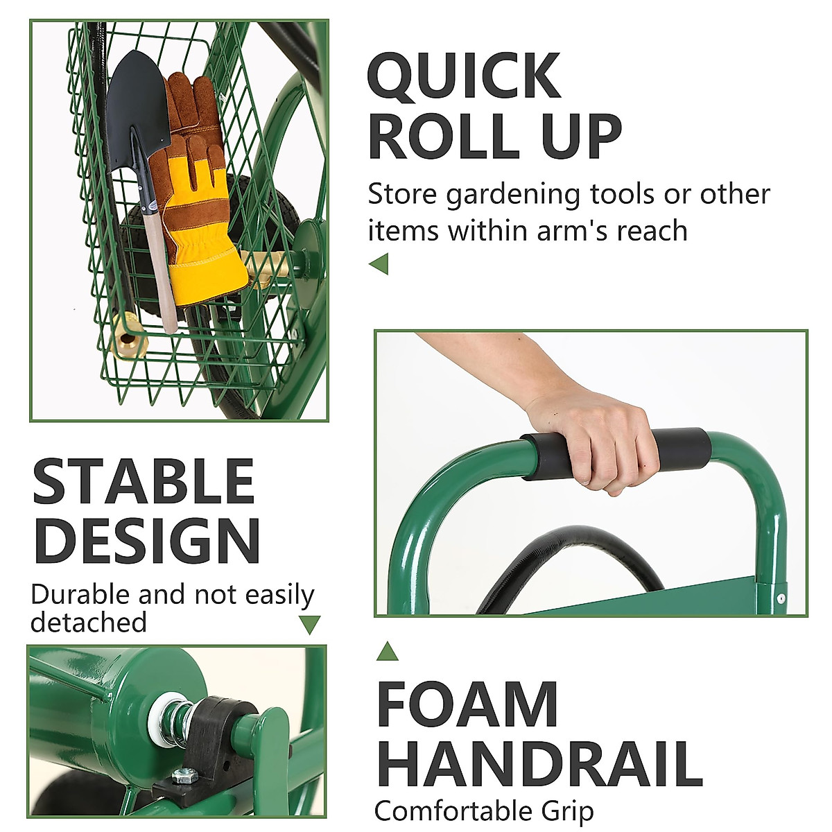 Hose Reel Hold Up To 300 Ft Heavy Duty Garden Hose Reel Sturdy Water Hose Reel Cart with 4 Wheels Storage Basket for Garden Lawn Yard Outdoor (Green)