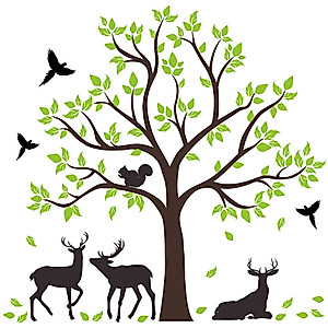 61"x56" Big Green Tree Wall Decals Elk Wall Sticker Leaves Wall Decal DIY Removable Giant Plants Animals Wall Stickers for Baby Kids Girls Bedroom Living Room Nursery Office Sofa Background Home Decor